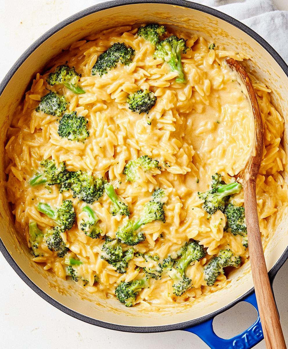 Creamy One-pot Broccoli Cheddar Orzo Recipe - yourrecipeguide.com